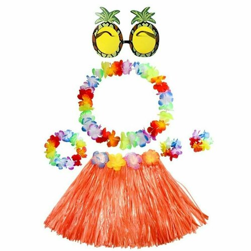 Гавайский набор Вайкики : гавайское ожерелье, повязка на голову, юбка (длина 60см), браслеты, очки