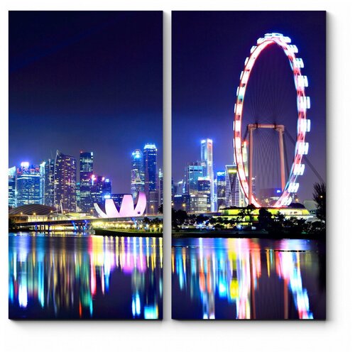 Модульная картина Огни ночного Сингапура в отражении Марина Бэй 80x80