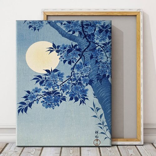 Картина на холсте 50х70 см "Японская живопись, луна", Большая картина для интерьера на стену, на подрамнике