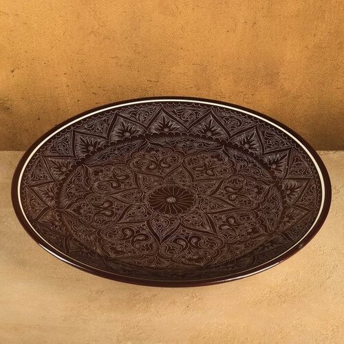 Ляган круглый коричневый, диаметр 42 см, блюдо из керамики, узбекская посуда, тарелки для сервировки