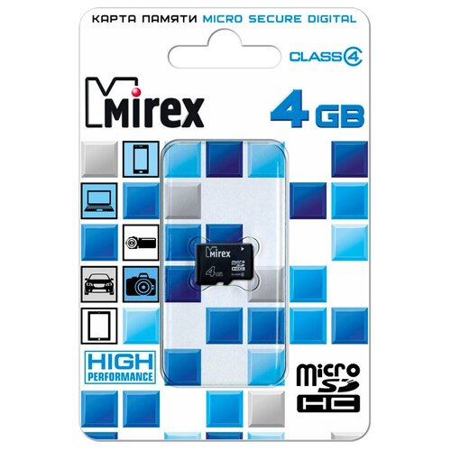 Карта памяти Mirex microSDHC 4 ГБ Class 4, R/W 12/5 МБ/с, 1 шт., черный