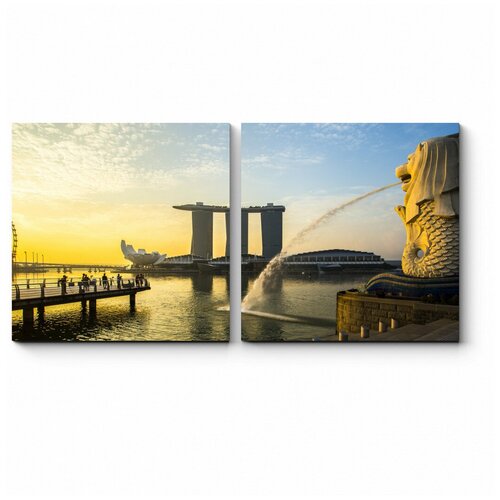 Модульная картина Мерлайон на рассвете, Сингапур 70x35