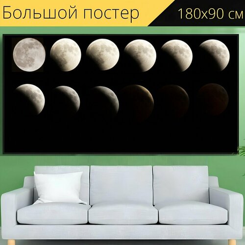 Большой постер "Луна, лунный, ночь" 180 x 90 см. для интерьера