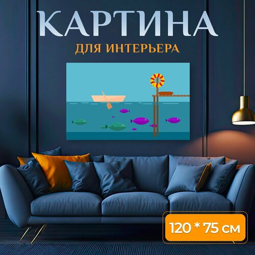 Картина на холсте "Озеро, рыбы, лодка" на подрамнике 120х75 см. для интерьера