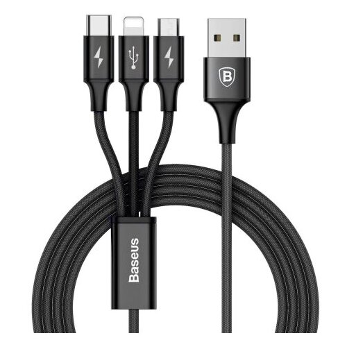Кабель Baseus 3 in 1 Rapid Series USB - USB Type-C/Lightning/microUSB (CAMLT-SU), 1.2 м, 1 шт., черный