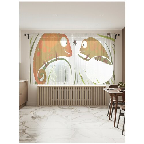 Тюль для кухни и спальни JoyArty "Два хамелина на одного жучка", 2 полотна со шторной лентой шириной по 145 см, высота 180 см