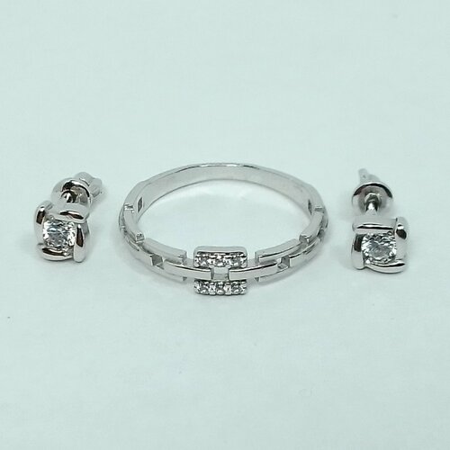 Ювелирный комплект: кольцо, серьги, серебро, 925 проба, родирование, фианит, размер кольца 17