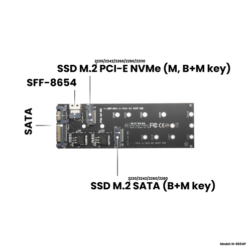 Адаптер-переходник (плата расширения) для SSD M.2 SATA (B+M key) в разъем SATA / M.2 PCI-E NVMe (M, B+M key) в разъем SFF-8654, NFHK N-8654P