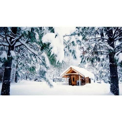 Картина на холсте 110x60 LinxOne "Природа Зима Домик Снежные" интерьерная для дома / на стену / на кухню / с подрамником