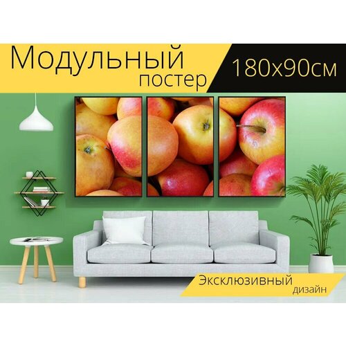 Модульный постер "Яблоки, спелый, красный" 180 x 90 см. для интерьера