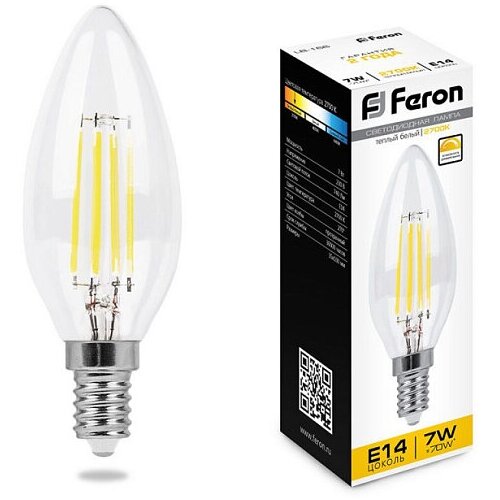 Лампа светодиодная LED 7вт Е14 теплый свеча FILAMENT диммируемая | код 25870 | FERON (9шт. в упак.)