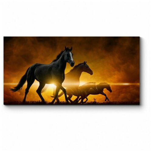 Модульная картина Бегущие лошади на фоне закатных облаков 80x40