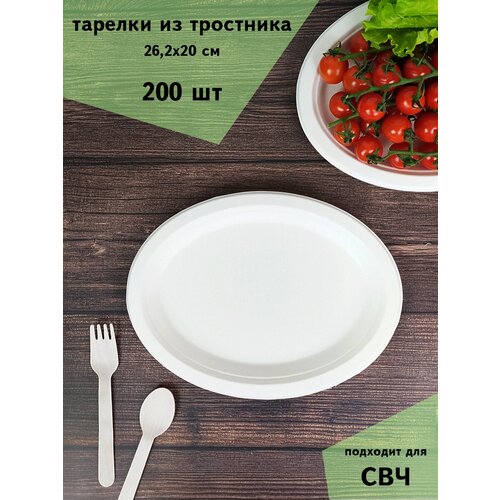 Тарелка одноразовая овальная 26,2 х 20 см, 200шт, биоразлагаемая, сахарный тростник