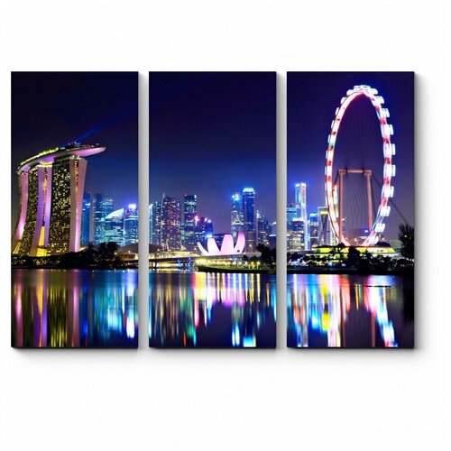 Модульная картина Огни ночного Сингапура в отражении Марина Бэй 90x65