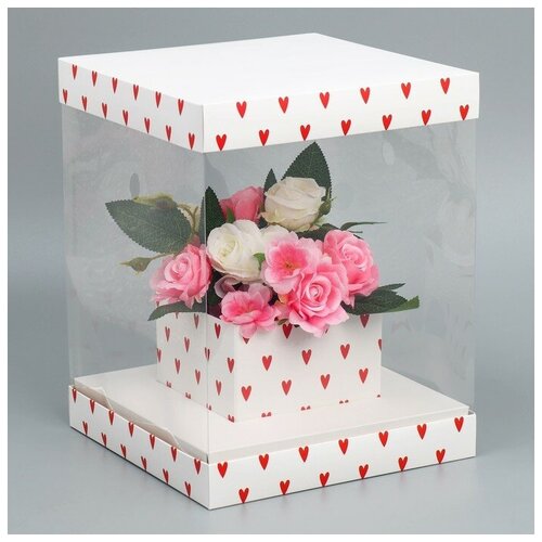 Коробка для цветов с вазой и PVC окнами складная «Сердца», 23 х 30 х 23 см