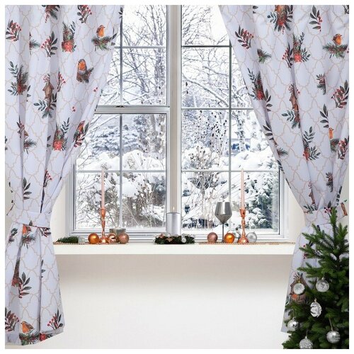 Этель Новогодний комплект штор для кухни с подхватами "Beautiful birds" 145х180см-2 шт, габардин