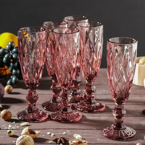 Набор бокалов стеклянных для шампанского "Круиз", 160 мл, 7x20 см, 6 шт, цвет розовый