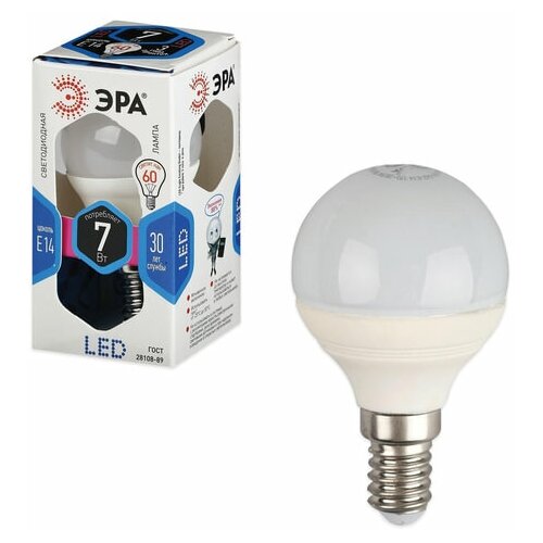 Лампа светодиодная ЭРА, 7 (60) Вт, цоколь E14, шар, холодный белый свет, 30000 ч, LED smdP45-7w-840-E14 - 2 шт.