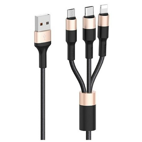 Кабель Hoco X26, microUSB/Lightning/Type-C - USB, 2 А, 1 м, нейлон оплетка, черно-золотистый