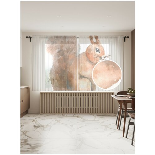 Тюль для кухни и спальни JoyArty "Белка с желудем акварель", 2 полотна со шторной лентой шириной по 145 см, высота 180 см.