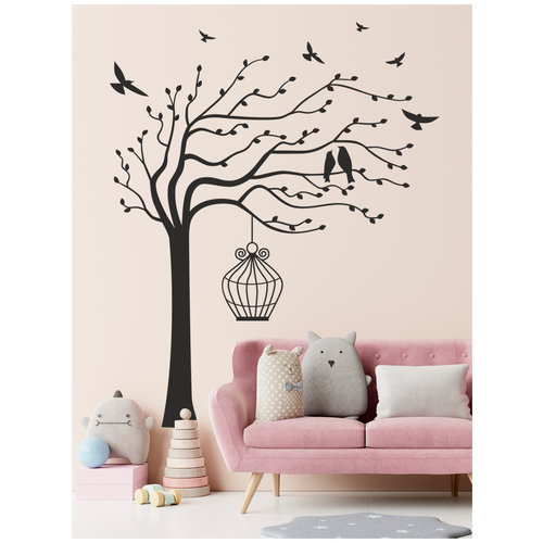 Наклейка на стену Семейное Дерево "Птицы и Клетка" с фоторамками, Just4you, 170x180см