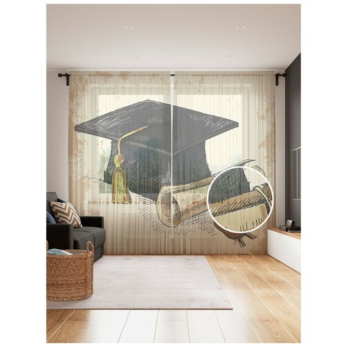 Тюль для кухни и спальни JoyArty "Конфедератка и диплом", 2 полотна со шторной лентой шириной по 145 см, высота 265 см.