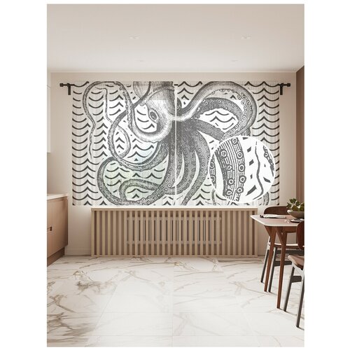 Тюль для кухни и спальни JoyArty "Осьминог на волнах", 2 полотна со шторной лентой шириной по 145 см, высота 180 см.