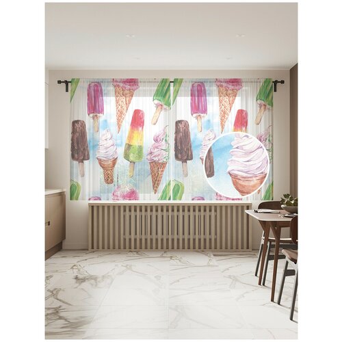 Тюль для кухни и спальни JoyArty "Виды мороженого", 2 полотна со шторной лентой шириной по 145 см, высота 180 см.