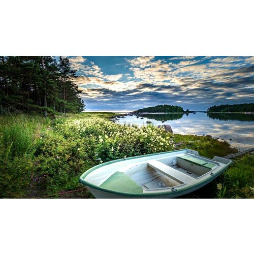 Картина на холсте 60x110 Альянс Лес "Вода берег лодка пейзаж" на подрамнике / интерьер/ декор