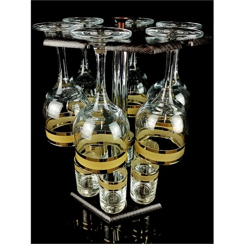 Подарочный набор с барной стойкой 12 предметов с алмазной гравировкой PROMSIZ Ампир / Бокалы для вина 240 мл 6 шт. / Стопки для водки 60 мл 6 шт.