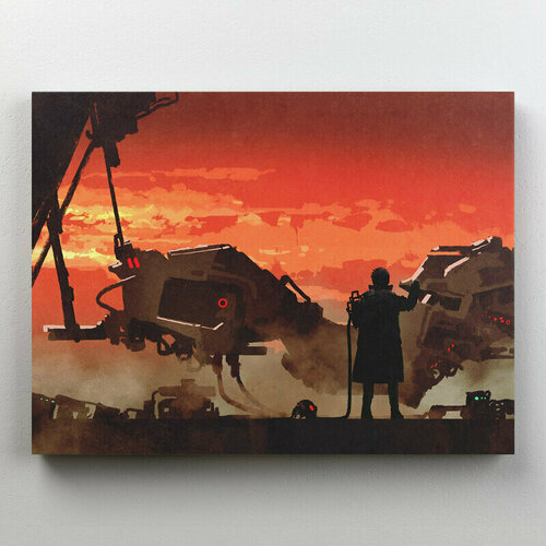 Интерьерная картина на холсте "Человек на полигоне подключает корабль для взлета" размер 30x22 см