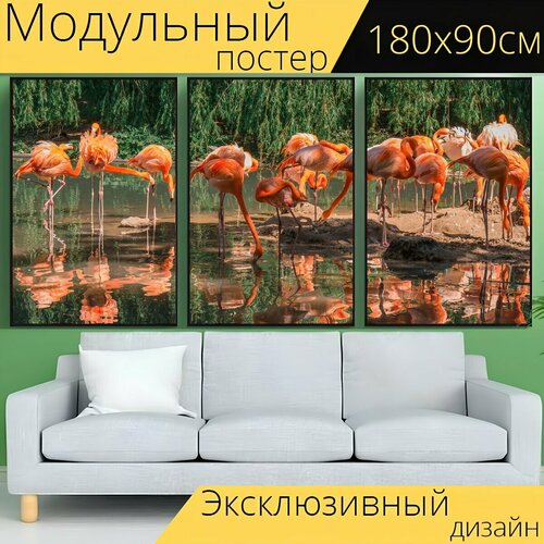 Модульный постер "Фламинго, птицы, группа животных" 180 x 90 см. для интерьера