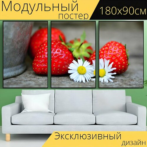 Модульный постер "Клубника, фрукты, еда" 180 x 90 см. для интерьера