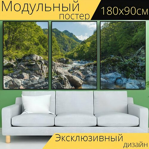 Модульный постер "Долина, река, горные породы" 180 x 90 см. для интерьера