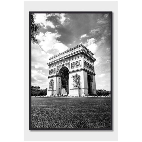 Черно-белый постер на стену для интерьера Postermarkt Триумфальная арка в Париже, постер в черной рамке 50х70 см, постеры картины для интерьера в черной рамке