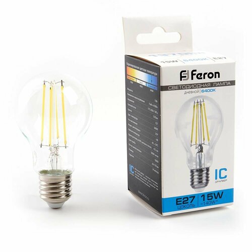 Лампа светодиодная филаментная Feron E27 15W 6400K прозрачная LB-615 10 штук В комплекте
