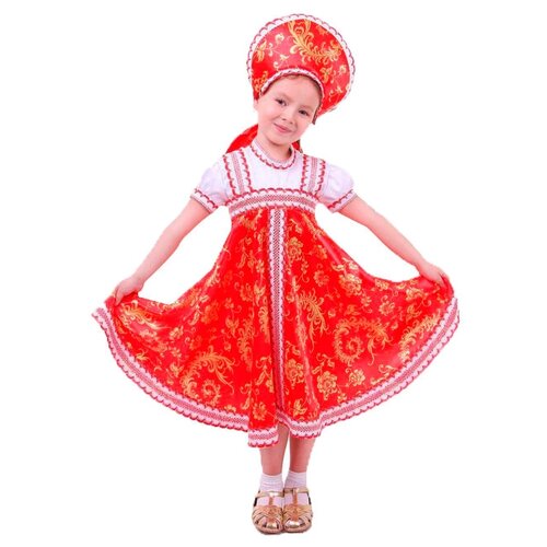 Русский народный костюм для девочки с кокошником, красно-бежевые узоры, размер 60, рост 110-116 см