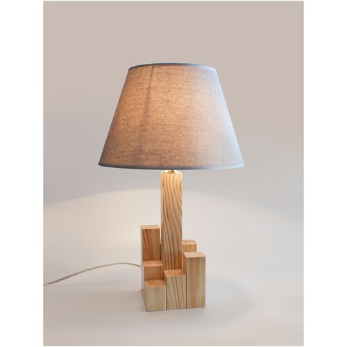 Настольная лампа с абажуром "Кубики". Эко светильник из дерева для спальни и гостиной, бежевый абажур