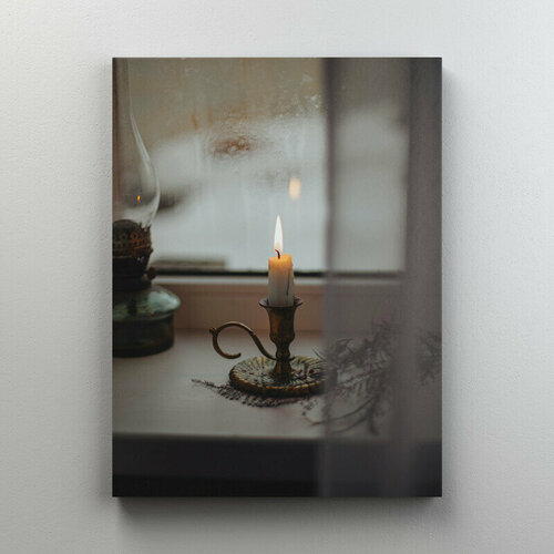 Интерьерная картина на холсте "Натюрморт - свеча на подоконнике" размер 22x30 см