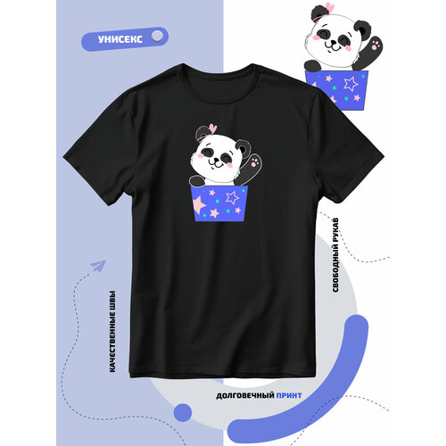 Футболка панда машет лапой сидя в подарочной коробке, размер L, черный