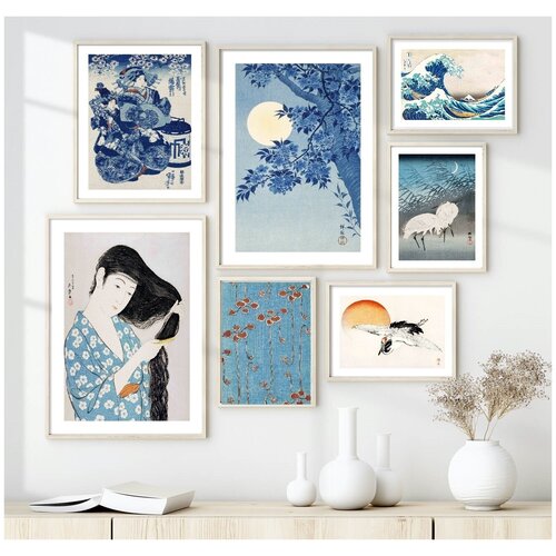 7 постеров без рамки "7 постеров в японском стиле, гейши, живопись, репродукция" в тубусе / Набор постеров картин для интерьера