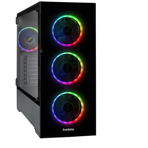 Корпус Miditower ExeGate i3 MAX (eATX, без БП, 2*USB+1*USB3.0, HD аудио, черный, 4 вент. 12см с RGB подсветкой, контроллер + ПДУ, ARGB MB кабель, пылевые фильтры, передняя и боковая панели - закаленное стекло) EX289024RUS