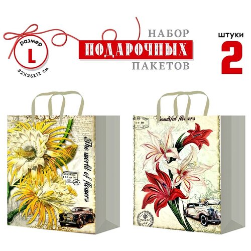 Подарочные пакеты "Flowers". Набор (2шт). Качество LUX. Размер 32Х26Х12 см