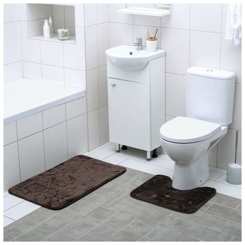 Набор ковриков для ванной и туалета Доляна «Галька, ракушки», 2 шт, 40×50 см, 50×80 см