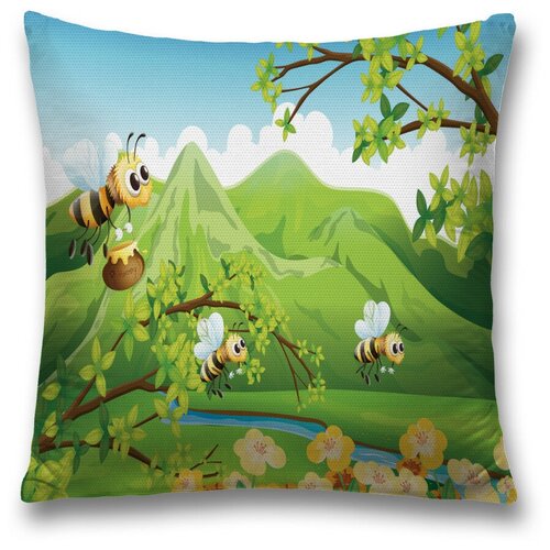 Наволочка декоративная на молнии, чехол на подушку JoyArty "Пчелки с медом в горах" 45х45 см