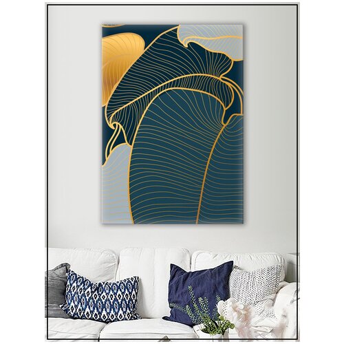 Картина для интерьера на натуральном хлопковом холсте "Абстракция тропические листья с золотом", 30*40см, холст на подрамнике, картина в подарок