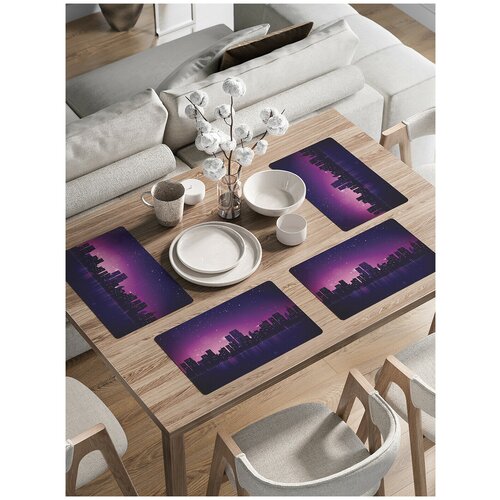 Комплект тканевых салфеток, плейсматов JoyArty с закругленными краями с рисунком "Зарево над городом" для сервировки стола 46x30 см, 4шт.