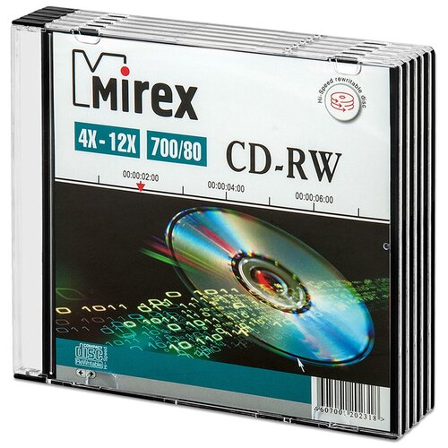 Перезаписываемый диск CD-RW Mirex 700Mb 12x slim box, упаковка 5 шт.