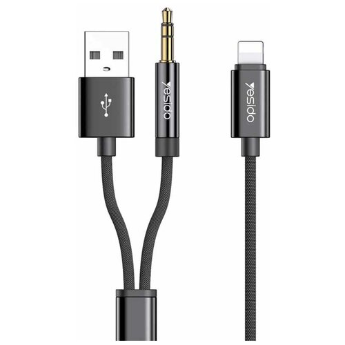 AUX адаптер и кабель зарядки Yesido YAU18, Lightning to 3.5 mm + USB, 2-in-1 Charging and Listening, 2.4А, 1.2 м, Черный