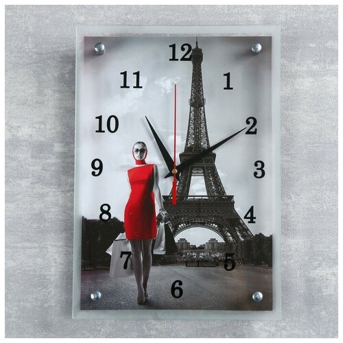 Часы настенные, серия: Город, "Девушка в красном платье в Париже", микс 25х35 см